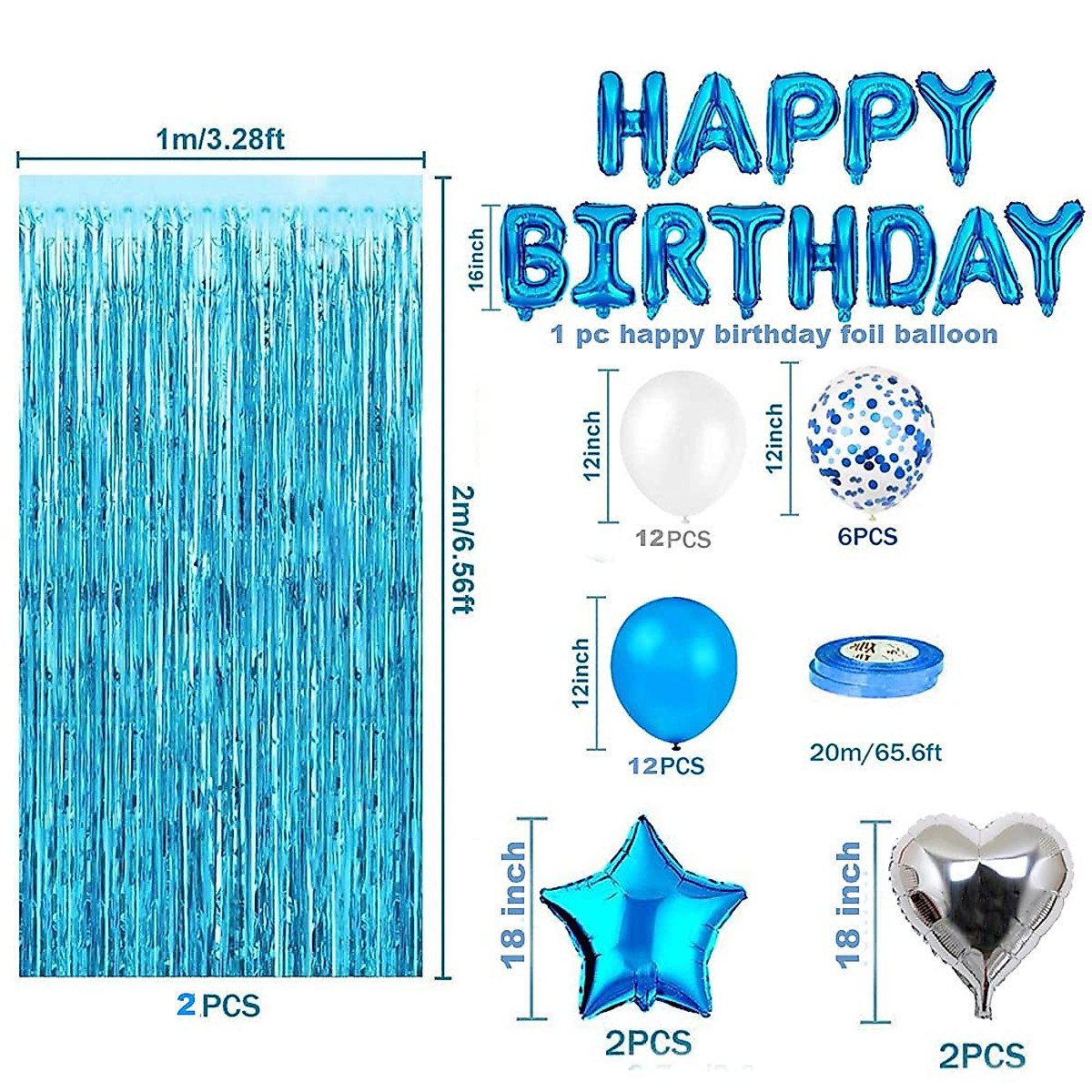 Blue Birthday Party Decorations Set with Blue Happy Birthday Balloons Banner, Confetti and Latex Balloon, Heart Star Foil Balloon, Foil Fringe Curtain for Blue Theme Birthday Party Supplies