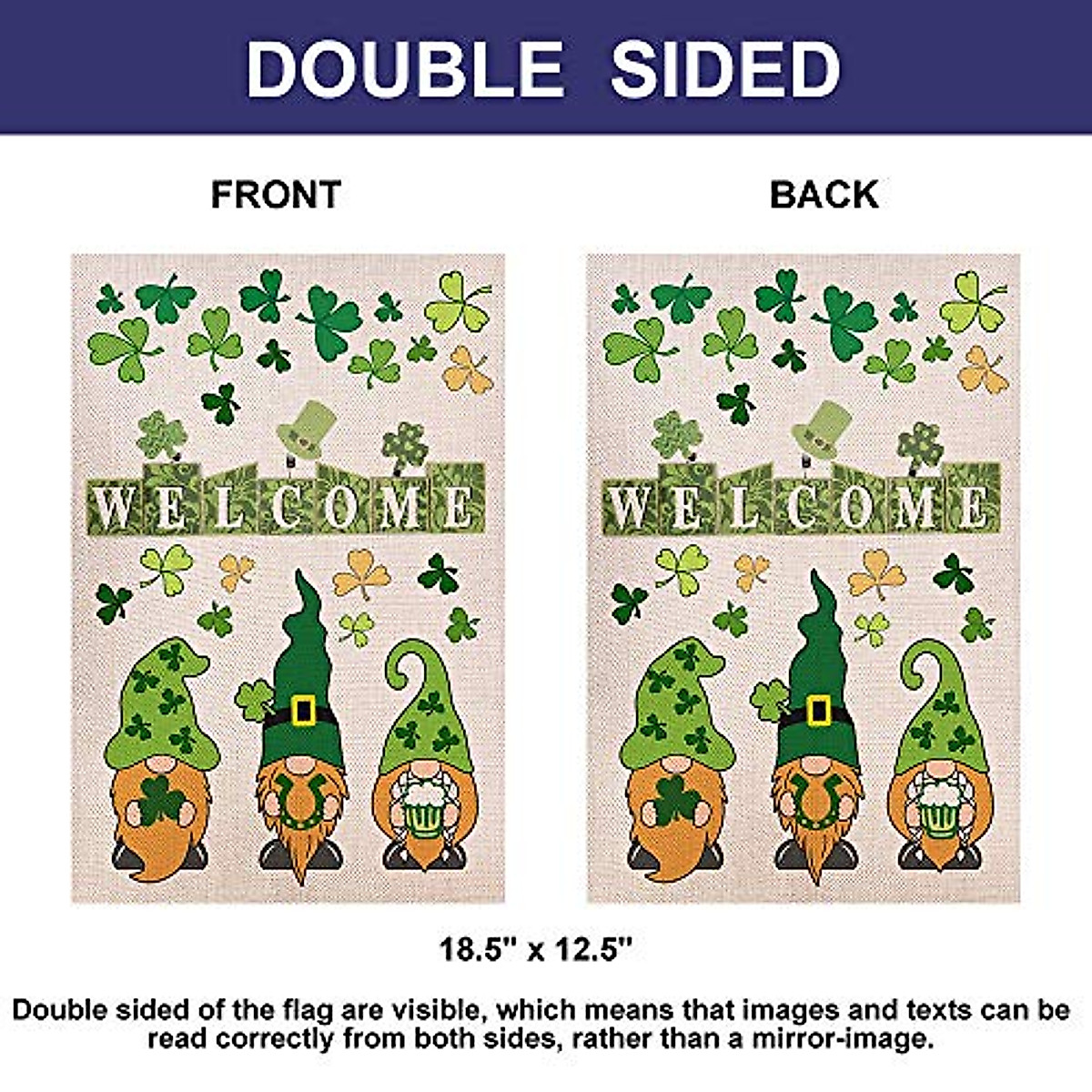 Shmbada Welcome St Patricks Day Gnomes Garden Flag, Double Sided Burlap Vertical Outside Outdoor Yard Lawn Irish Green Shamrock Beer Decoration, 12 x 18 Inch