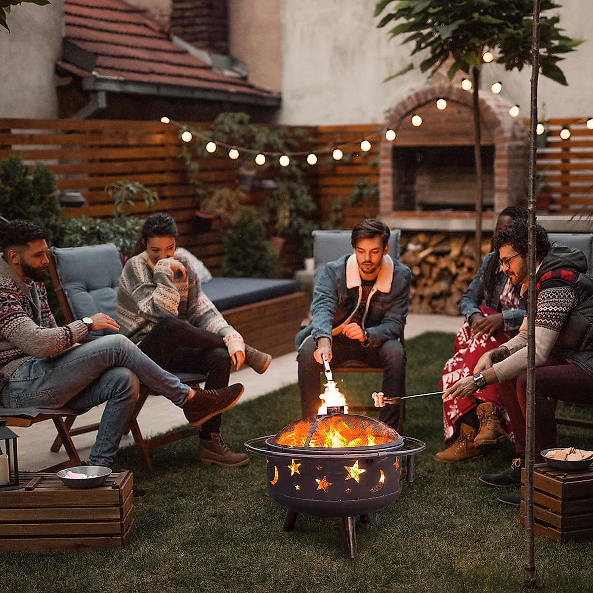 Wood Burning Fire Pit with Grill for Outside 30 Inch Outdoor Firepit with Cooking Grate Large Round Fire Pit Bowl with Poker & Spark Screen for Patio Lawn Backyard BBQ,Star & Moon Cutouts Pattern