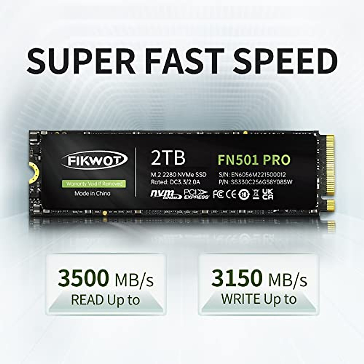 Fikwot FN501 Pro 2TB NVMe SSD - M.2 2280 PCIe Gen3 x4 Internal Solid State Drive with Graphene Cooling Sticker, Up to 3,500MB/s, SLC Cache 3D NAND TLC, Compatible with Laptop & PC Desktop