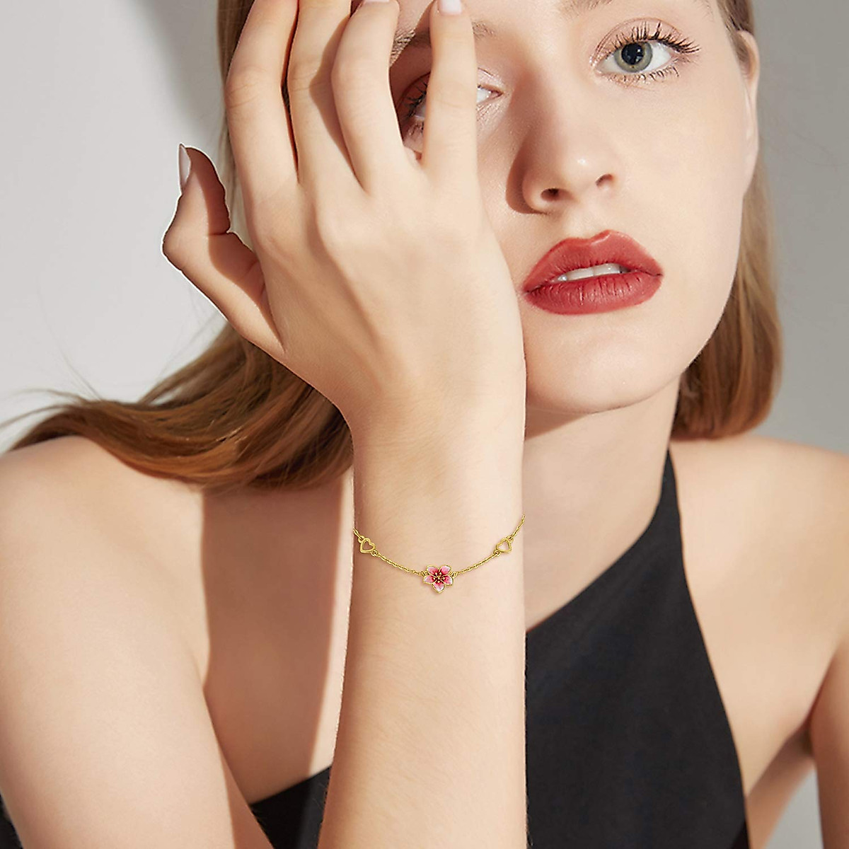 14K Solid Gold Cherry Blossoms Bracelet for Women,Yellow Gold Exquisite Heart Flower Anklet Bracelets,Anniversary Birthday Jewelry Gifts for Wife Mom 6.5''+1''+1''