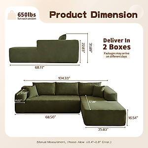 104" Modular Sectional Sofa Couch,L-Shape Upholstered Cloud Couch,Modern Minimalist Couches for Living Room,Free Combination Deep Seat Corner Couch (Green, Sherpa/Right Facing Chaise)