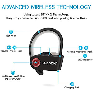 True Wireless Earbuds, Woozik Relay Wireless Headphones, Waterproof Sport TWS Headset, Stereo Earphones with Microphone, Long Playtime for Gym Running and Workouts for iOS Android