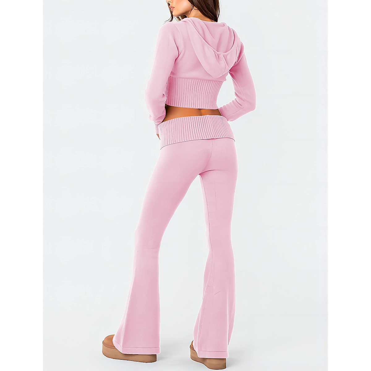 Springrain Women Sweater Sets 2 Piece Lounge Sets Ribbed Zip Hoodie Knitted Outfits(Pink-S)