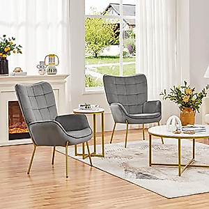 Yaheetech Accent Chairs Set of 2, Armchairs with Gold Metal Legs, Modern Living Room Chairs for Home Office/Bedroom, Light Gray, 2pcs