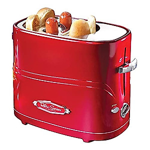 Nostalgia Adjustable 5 Setting Retro Pop Up Hot Dog Toaster, Fits 2 Regular or Extra Plump Hot Dogs and 2 Buns with Removable Cage and Mini Tongs, Red