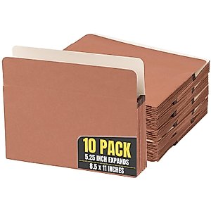 1InTheOffice Expanding File Pockets, Accordion File Organizer, Letter Size, Brown Redrope, 8 1/2" x 11", 1200 Sheet Capacity, 5 1/4", 10 Pack