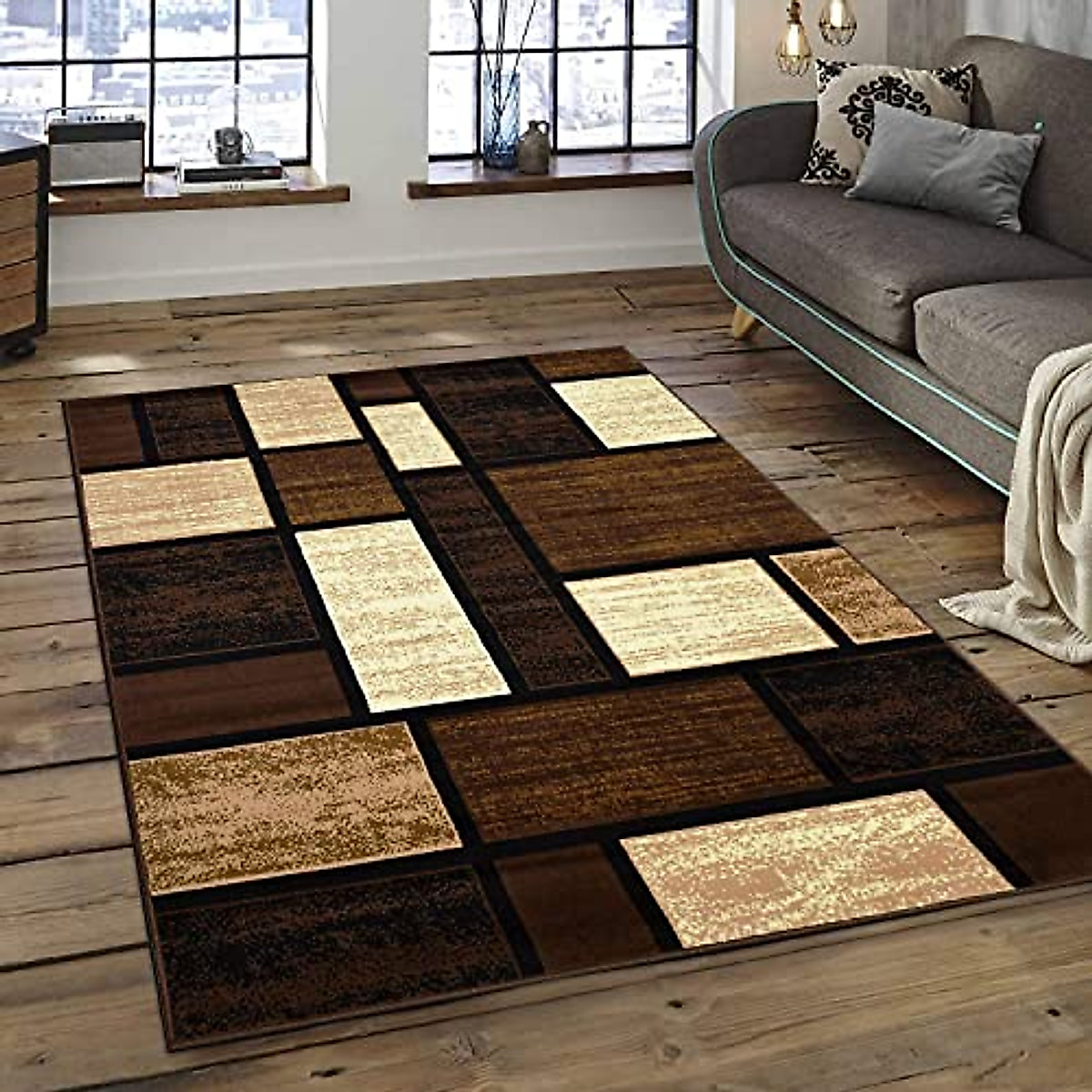 Champion Rugs Modern Contemporary Boxes Design Soft Indoor Area Rug Brown Carpet (8’ X 10’)