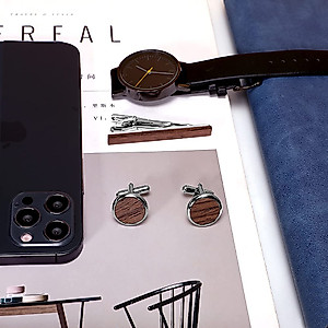 Wood Tie Clip and Cufflink Sets for Men, 2 inch Tie Clips Sets for Men Wood Inlay Tie Clip & Round Cufflinks with Gift Box,Tie Clips Set for Formal Business Wedding