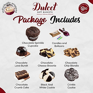 Dulcet Gift Baskets Chocolate Birthday Celebration Collection Gift Box with Unique Chocolate Rich Bakery Goods, Combined with Balloons and Candles Great for Birthday Celebrations Girls, Boys, Kids, Men, Women & Parents