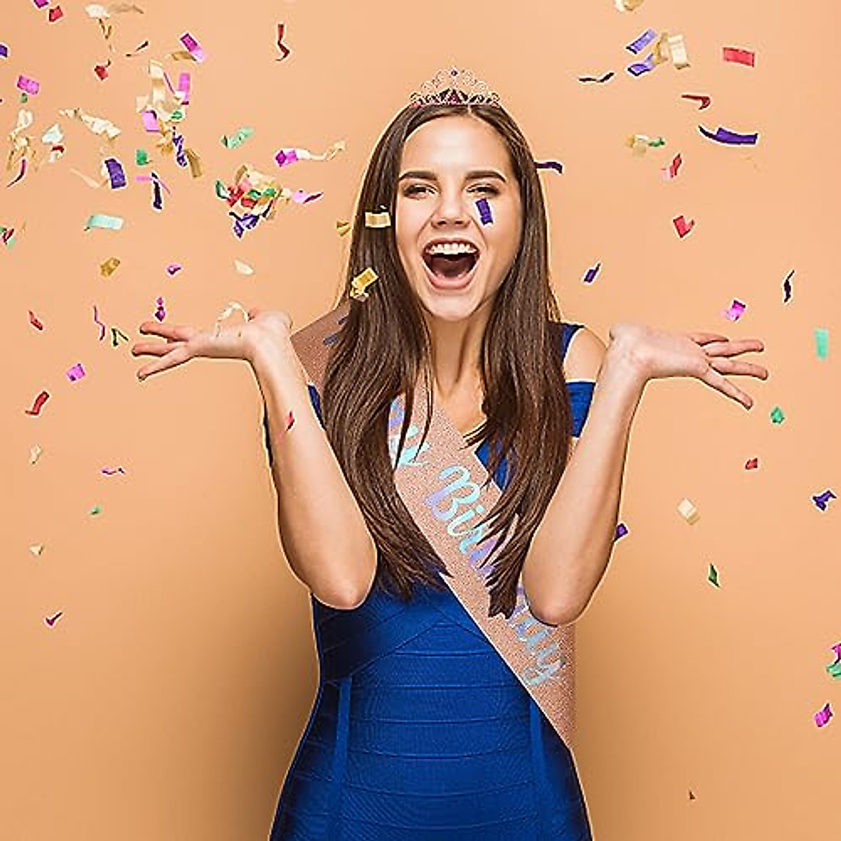 BAHABY Birthday Crown for Women It's My Birthday Sash & Rhinestone Tiara Set Birthday Sash and Tiara for Women Rhinestone Headband for Girl Glitter Crystal Hair Accessories for Party - Rose Gold