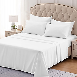 SLEEP ZONE® Nanotex® Super Soft Cooling Queen Bed Sheets Set 4 Piece - Easy Care Fitted Flat Sheet & Pillowcase Sets - Wrinkle Free, Fade Resistant, Deep Pocket 16" (White, Queen)