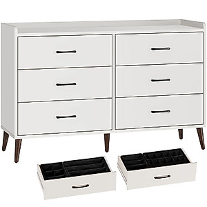 Rolanstar Drawer Dresser Quick Install, 6 Wooden Drawers Storage Dresser with Set of 4 Foldable Drawer Dividers, Modern Chest of Drawer with Anti-Tipping Device, Bedroom, Living Room, White
