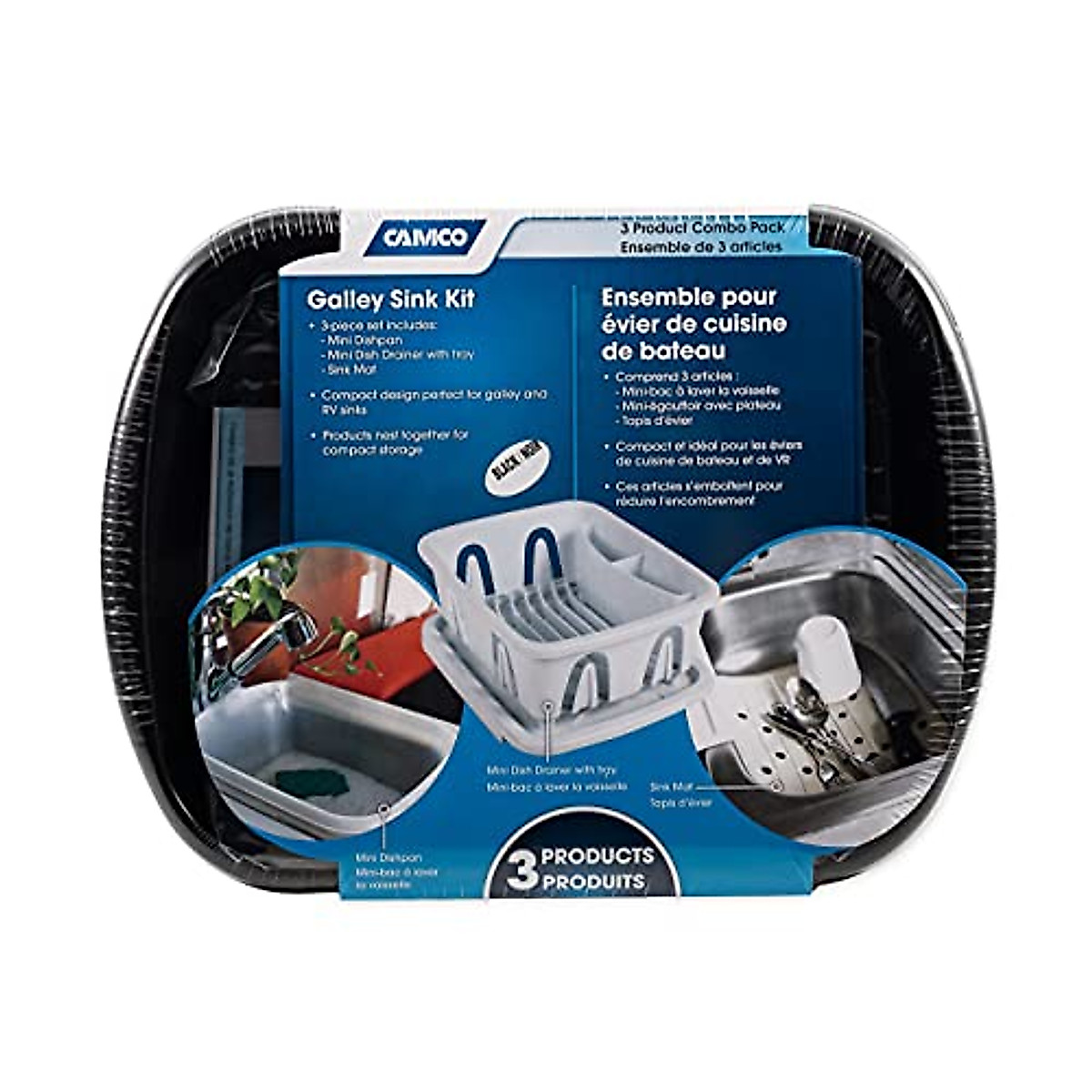 Camco 43518 Black Sink Kit with Dish Drainer, Dish Pan and Sink Mat