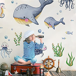 Mfault Under The Sea Whales Wall Decal Stickers, Ocean Hippocampus Octopus Turtle Fish Nursery Decoration Bedroom Bathroom Art, Neutral Marine Animal Toddler Kids Baby Boys Girls Room Decor Gift