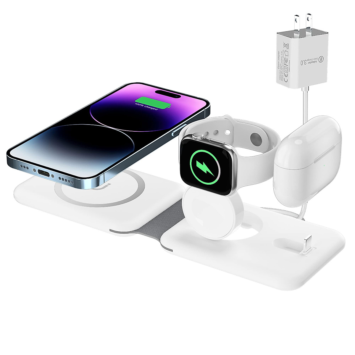 3 in 1 Wireless Charger, Foldable Magnetic Charging Station, Fast Travel Wireless Charging Pad for Multiple Apple Devices, Compatible with iPhone 15/14/13/12/Pro/Max/Plus/Mini, iWatch, Airpods (White)