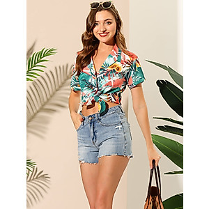 Allegra K Women's Hawaiian Shirt Floral Leaves Printed Short Sleeve Top Tropical Button Down Shirt Summer Fashion 2024 X-Small White