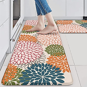 Kitchen Rugs and Mats Cushioned Anti Fatigue Kitchen Mat 2PCS Non-Skid Waterproof Kitchen Runner Rug Comfort Foam Standing Mat for Floors,Office,Laundry,Sink,Floral