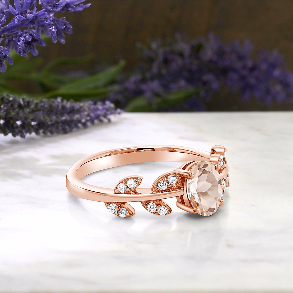Gem Stone King 18K Rose Gold Plated Silver 7X5MM Oval Gemstone Birthstone Twisted Olive Branch Leaf Vine Band Wedding Ring For Women | Available In Size 5, 6, 7, 8, 9