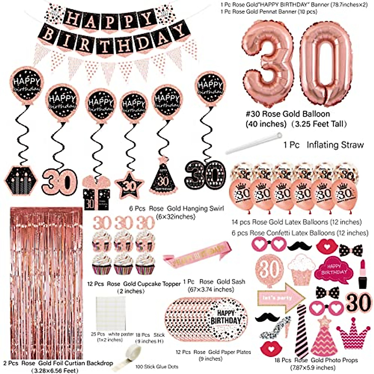 30th birthday decorations for her - (76pack) rose gold party Banner, Pennant, Hanging Swirl, birthday Balloons, Foil Backdrops, cupcake Topper, plates, Photo Props, Birthday Sash for women gift