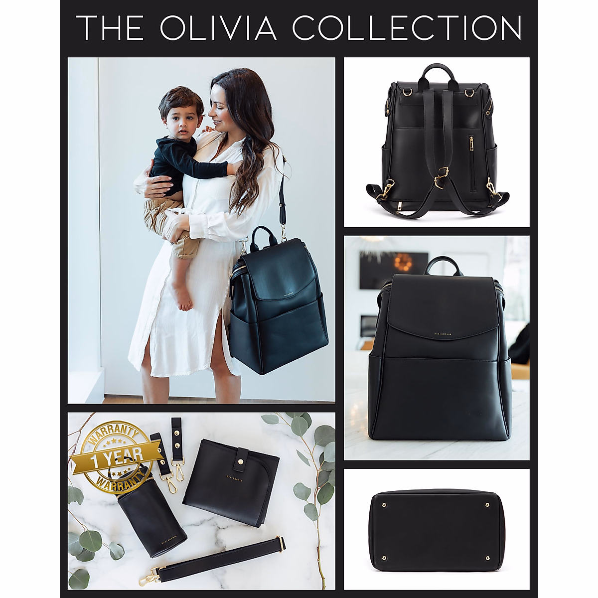 MIA + SOPHIA Leather Diaper Bag Backpack with Changing Pad, Stroller Straps, Bottle Holder (Black Olivia)