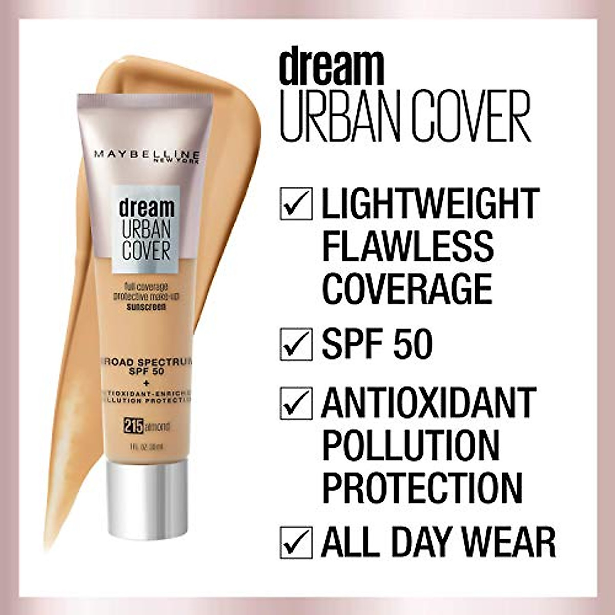 Maybelline Dream Urban Cover Flawless Coverage Foundation Makeup, SPF 50, Warm Nude