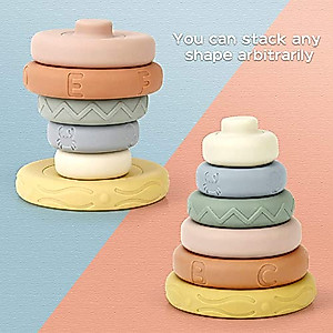 BOBXIN Stacking & Nesting Rings Toy, Soft Circle Stacker, 6 pcs Building Stacker,Teethers for Baby, Squeeze Play with Letter, Animal and Graphic, Toddler Learning Toys for 6 Month Old Boys Girls