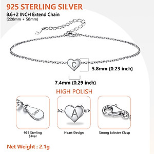 Silvora Dainty Heart Letter S925 Sterling Silver Anklet Initial Anklets for Women-Non-Tarnish Adjustable Ankle Bracelet for Women, Perfect Gift for Beach, Party, Everyday Wear