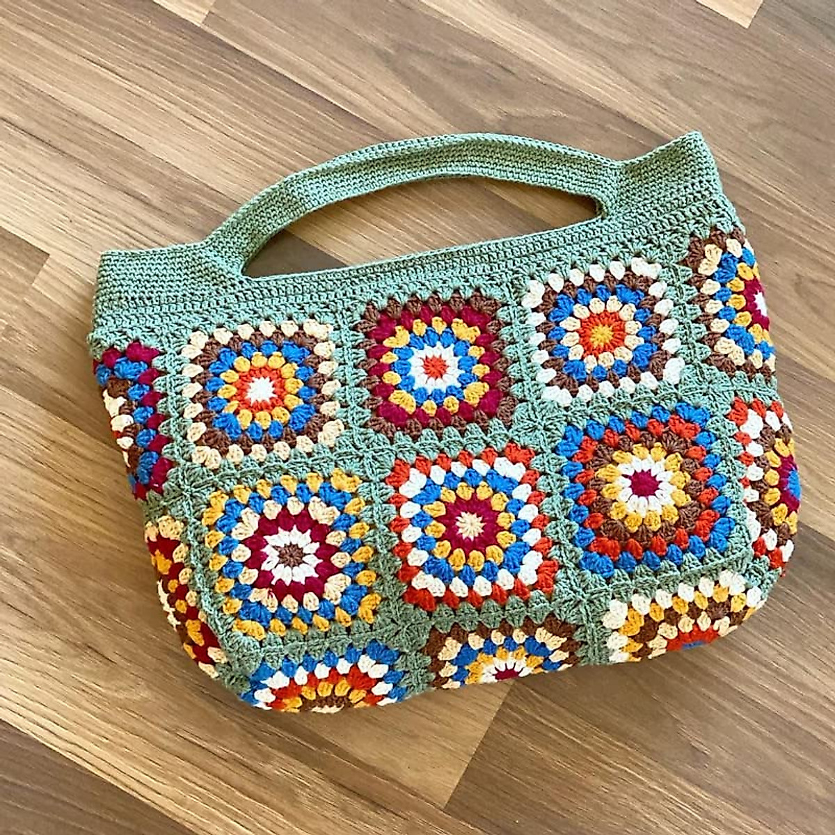 Granny Square Blocking Handmade Crochet Shoulder Tote Bag Vintage Boho Hippie Unique Artistic Handbag Kintting EN8