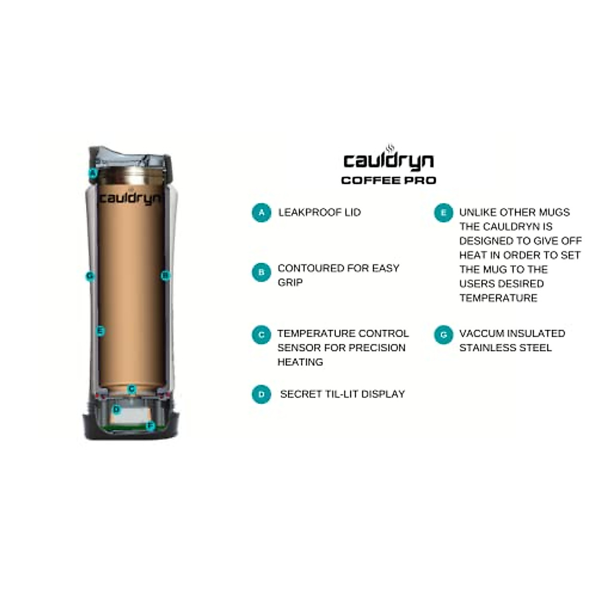 Cauldryn Coffee Temperature Control Travel Coffee Mug and Desktop Warmer, Smartphone via Bluetooth Control, Long Lasting Battery Powered Heated Portable Smart Mug, Stainless Steel, 16 oz, Black