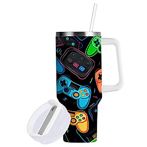 Jihqo Colorful Video Game Controllers 40 oz Stainless Steel Vacuum Insulated Tumbler with Handle and Straw Lid, Leakproof Water Bottle Double Wall Travel Mug Coffee Cup, Cupholder Friendly