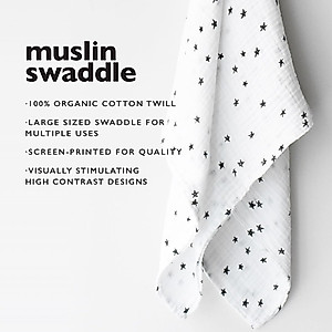 Wee Gallery, Organic Muslin Swaddle - Stars Design - Black and White for Baby Visual Development, Quality Cotton Swaddling or Receiving Blanket