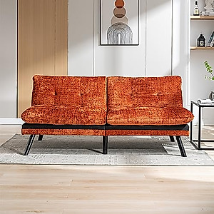 Convertible Folding Futon Sofa Bed Sleeper Couch for Living Room Breathable Lounge Couch with Adjustable Back and Metal Legs, Upholstered Chenille Loveseat for Compact Space（Orange）