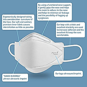 PUREMATE [30 Packs Made in Korea KF94 Face Mask White Black Individual Wrapped Filter Efficiency ≥ 94% (Medium(Pack of 30), White)