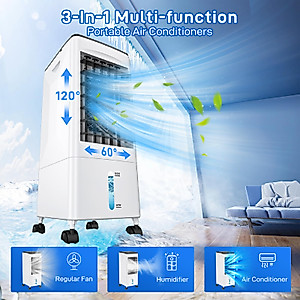 Portable Air Conditioners, 3-IN-1 Windowless Air Conditioner, Evaporative Air Cooler Kitchen Volume AC, Fast Cooling Large Air Conditioner for Room, Remote/3 Speed/7H Timer/1.45 Gallon/3 Ice Packfan-2