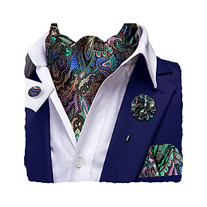 Hi-Tie Men's Cravat And Flower Lapel Pin Set Jacquard Silk Ascot Handkerchief Cufflinks For Wedding Party Daily Dress,Green and Pink