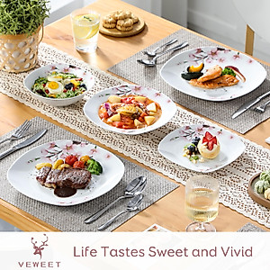 VEWEET, Series Annie, 24-Piece White Dinnerware Sets for 6, Porcelain Plates and Bowls Sets with Pink Floral including Dinner Plates, Dessert Plates, Soup Plates and Bowls