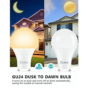 Ecoiot GU24 Dusk to Dawn Outdoor Light Bulbs,Light Sensor A19 LED Bulbs,Photocell Sensor, Automatic On/Off for Indoor/Outdoor Security Lighting,10Watt(90Watt Equivalent),2700K Soft White,4 Pack