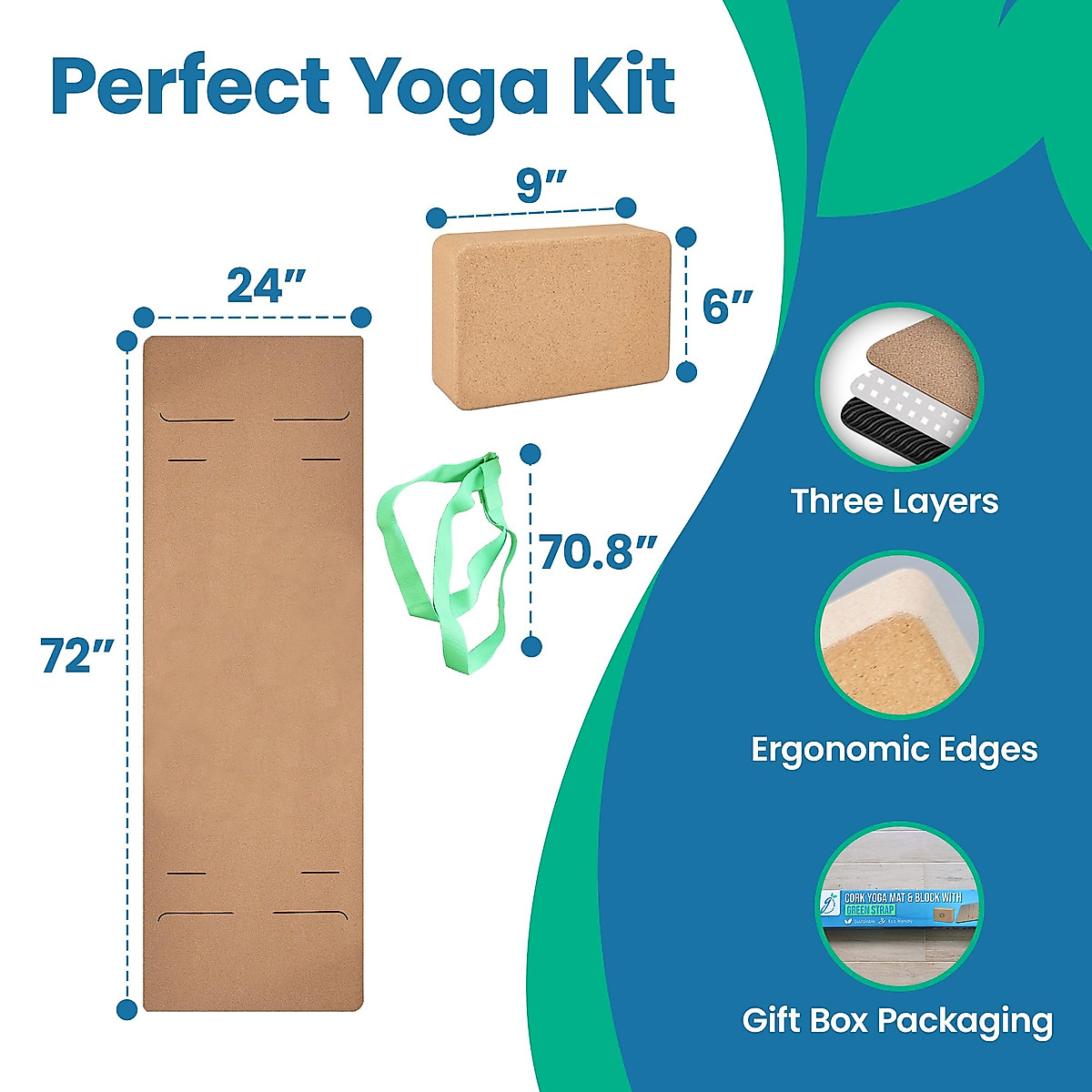 Greenway World - Cork Yoga Mat and Block with Green Strap, Non-Slip Hot Yoga Mat Set, Thick Travel Yoga Mat, Big Yoga Mat for Various Exercises, 72 x 24 inches x 3 mm