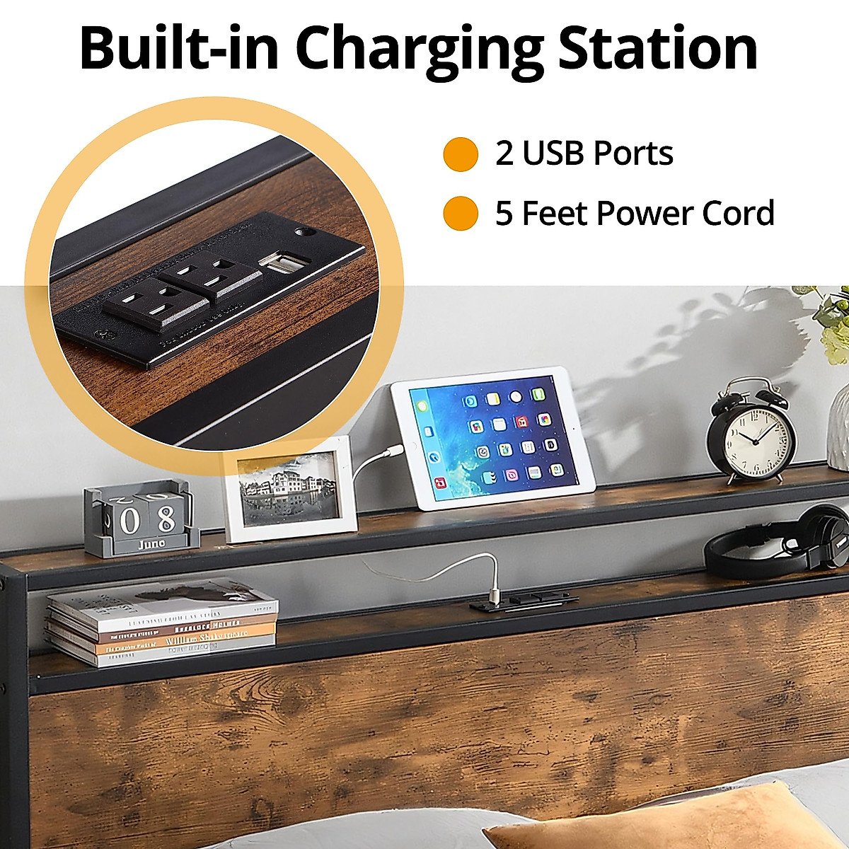 Twin Size Platform Bed, Modern Metal Bed Frame with Headboard, USB, LED Lights and Under-Bed Storage Space, Single Metal Bed Frame for Bedroom, Noise-Free, Easy to Clean