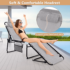 Giantex Patio Lounge Chairs for Outside - Folding Tanning Chair w/Headrest, 4 Adjustable Positions, Side Pocket, Outdoor Chaise Lounge for Camping, Pool, Sunbathing Beach Chair, Grey