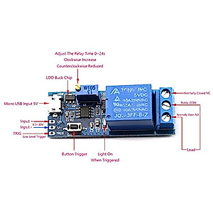 DZS Elec 5V-30V 1 Channel Wilde Voltage 0-24s Adjustable Delay Internal/External Trigger Relay Board with Timer Delay Conduction Delay Circuit Switch with USB to Micro USB Power Line