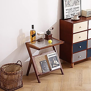 Tiita Rattan Nightstand Side Table, Bamboo Accent Bedside Tables, Glass Coffee Tables, Boho Wooden End Table with Storage for Small Space, Living Room and Bedroom