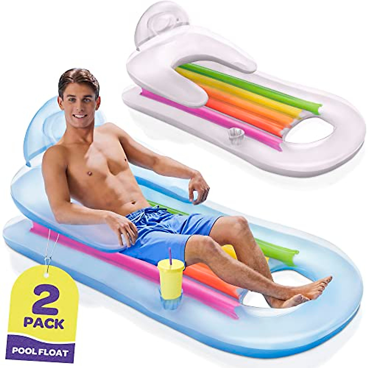 Pool Floats [Set of 2] Inflatable Lounge with Headrest & Cup Holder Inflatable Pool Floats Adult, Pool Float Comes In 2 Fun Colors, Blue & Pearlescent Silver, (59" X 25") fun floats for swimming pool.
