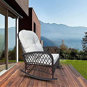LoochMee PE White Rattan Rocker Chair,Garden Patio Wicker Rocking Chair/Furniture Sets with White Cushion,Modern Style for Outdoor&Indoor,Comfy Rocking Motion (White)