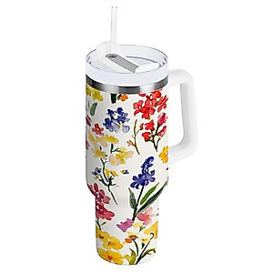 Vacuum Coldee Tumbler 40 oz with Lid and Straw Spring Cute Colorful Florals White Metal Water Bottle Wide Mouth To Go Coffee Mug for Women Men Him Her