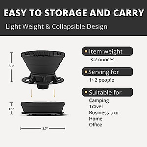 VANDROOP Collapsible Coffee Dripper, Silicone Reusable Pour Over Coffee Maker, Pour Over Coffee Dripper for Camping, Business Trip, Home＆Office, Single Clever Coffee Dripper (Black, 1-2 Cup)