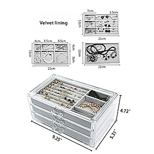 Acrylic Jewelry Organizer Box, Velvet Jewellry Clear Display Case, 3 Drawers Stackable Ring Earring Necklace Bracelet Display Storage for Women Girls Kids Gift