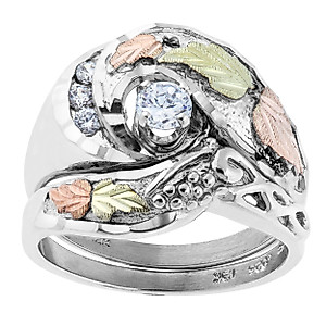 4-Stone CZ Wedding Engagement Ring Set, Sterling Silver, 12k Green and Rose Black Hills Gold Size 8