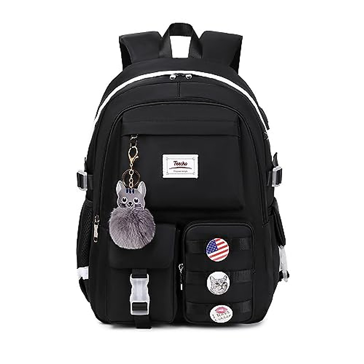 Teecho Girl School Backpack Cute Backpack Set for Women Fashion Bookbag with Pen case and Lunch Bag Black